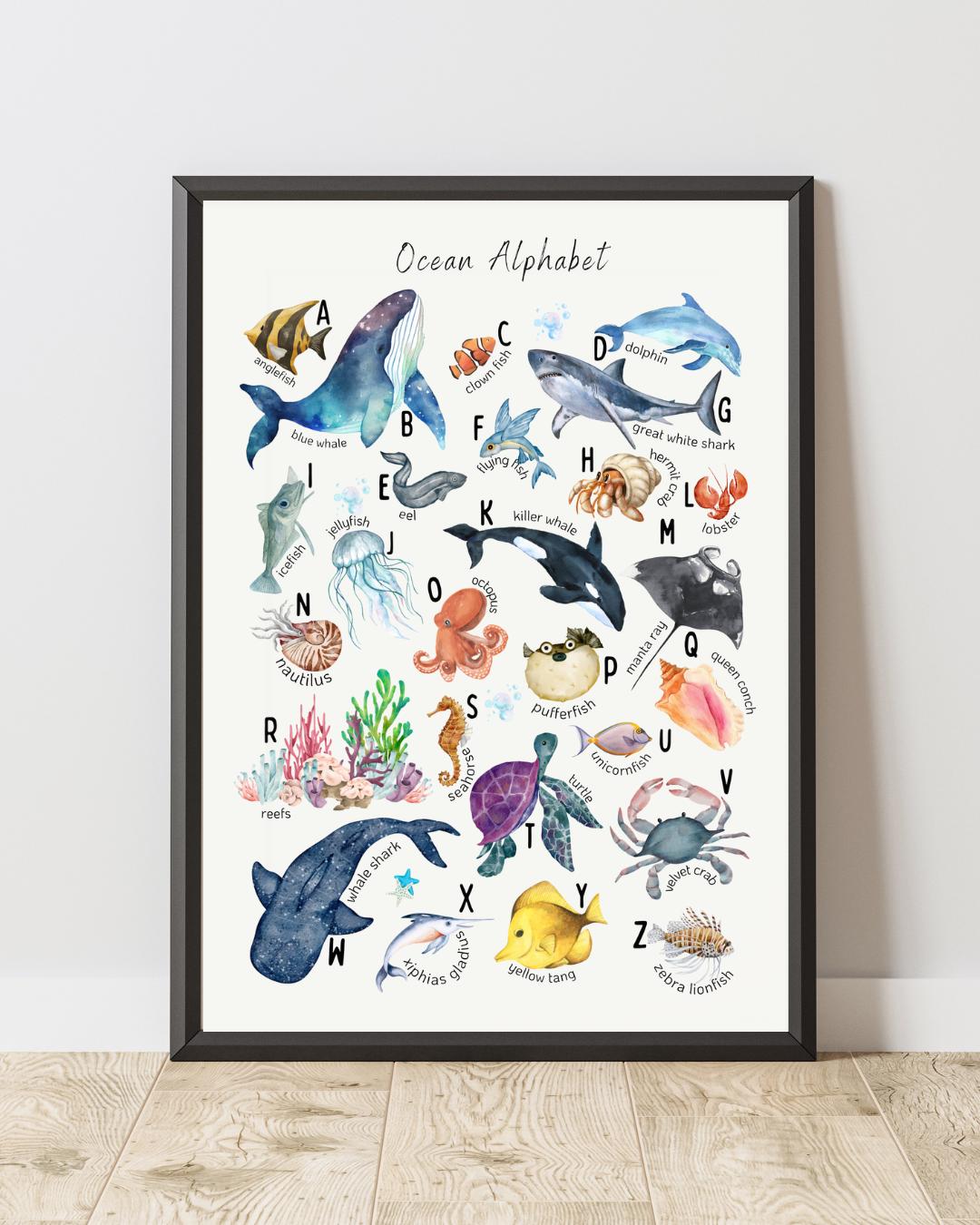 Ocean Alphabet Poster | Watercolor Sea Animal ABC Print | Educational ...
