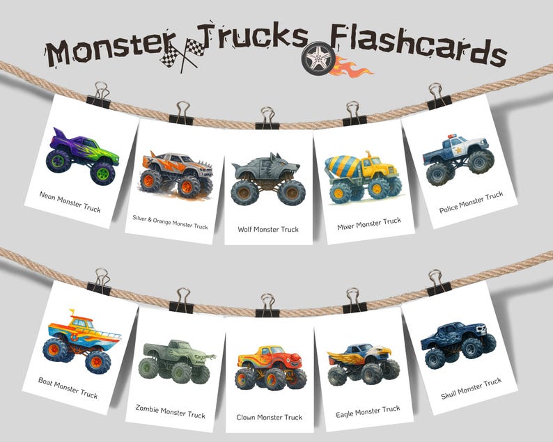 Monster Truck Flashcards Printable for Kids, Watercolor Trucks Learning ...