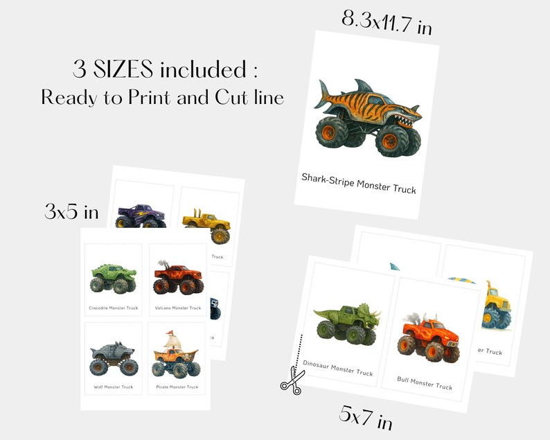 Monster Truck Flashcards Printable for Kids, Watercolor Trucks Learning ...