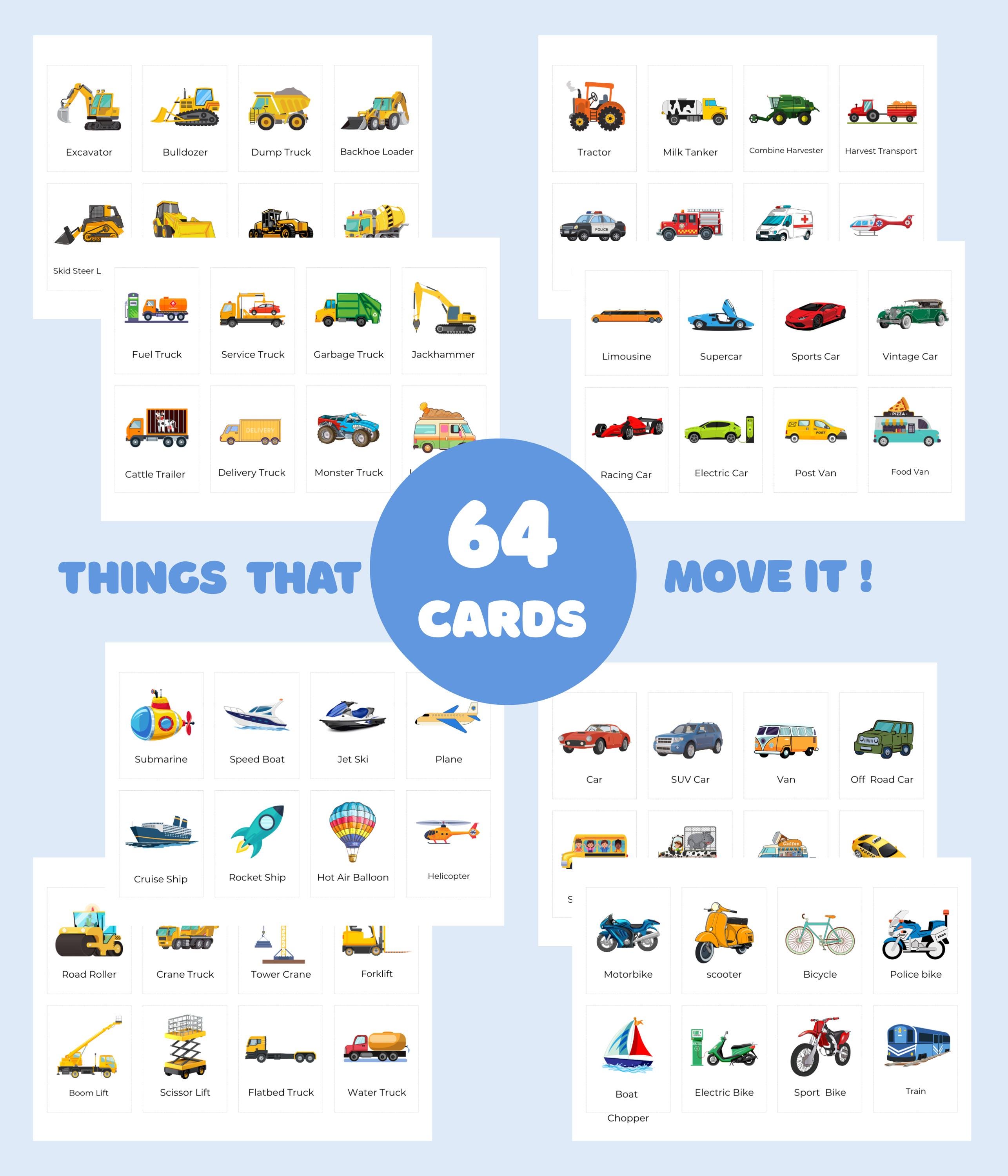 Things That Go Flashcards, 64 Vehicles Cards, Cars&trucks Toddler ...