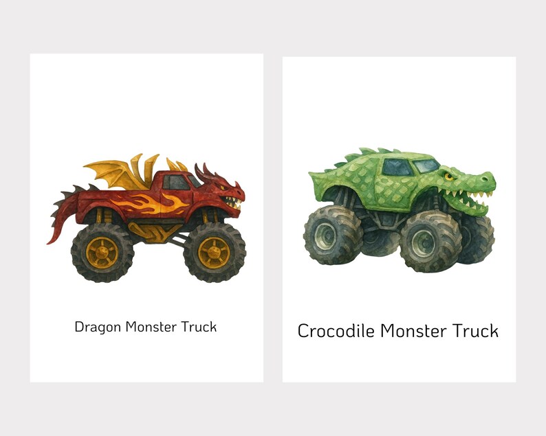 Monster Truck Flashcards Printable for Kids, Watercolor Trucks Learning ...