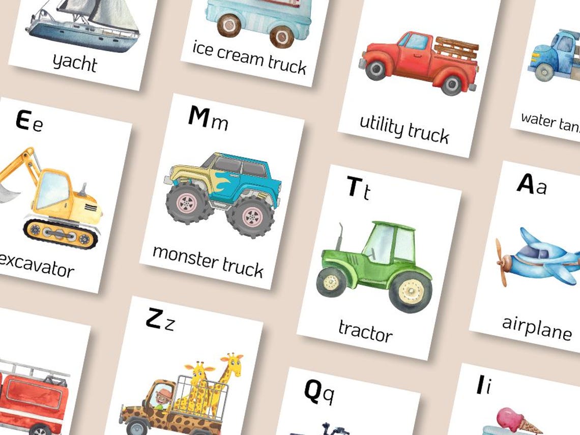 Vehicle Alphabet Flashcards Printable, Transportation ABC Cards for ...