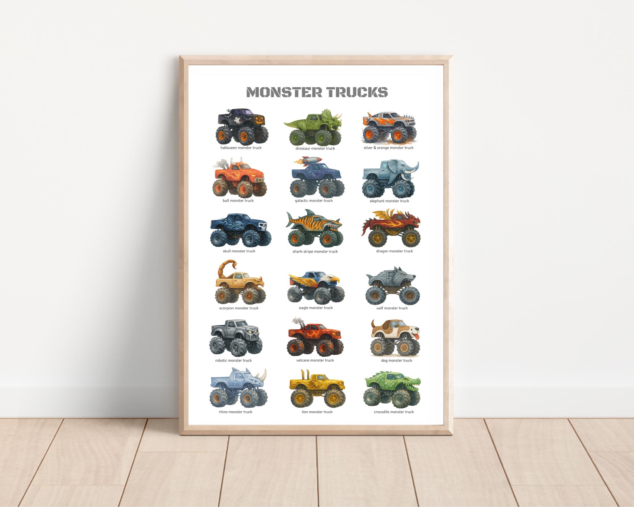 Monster Trucks Poster | Printable Wall Art,18 Different Truck Design ...