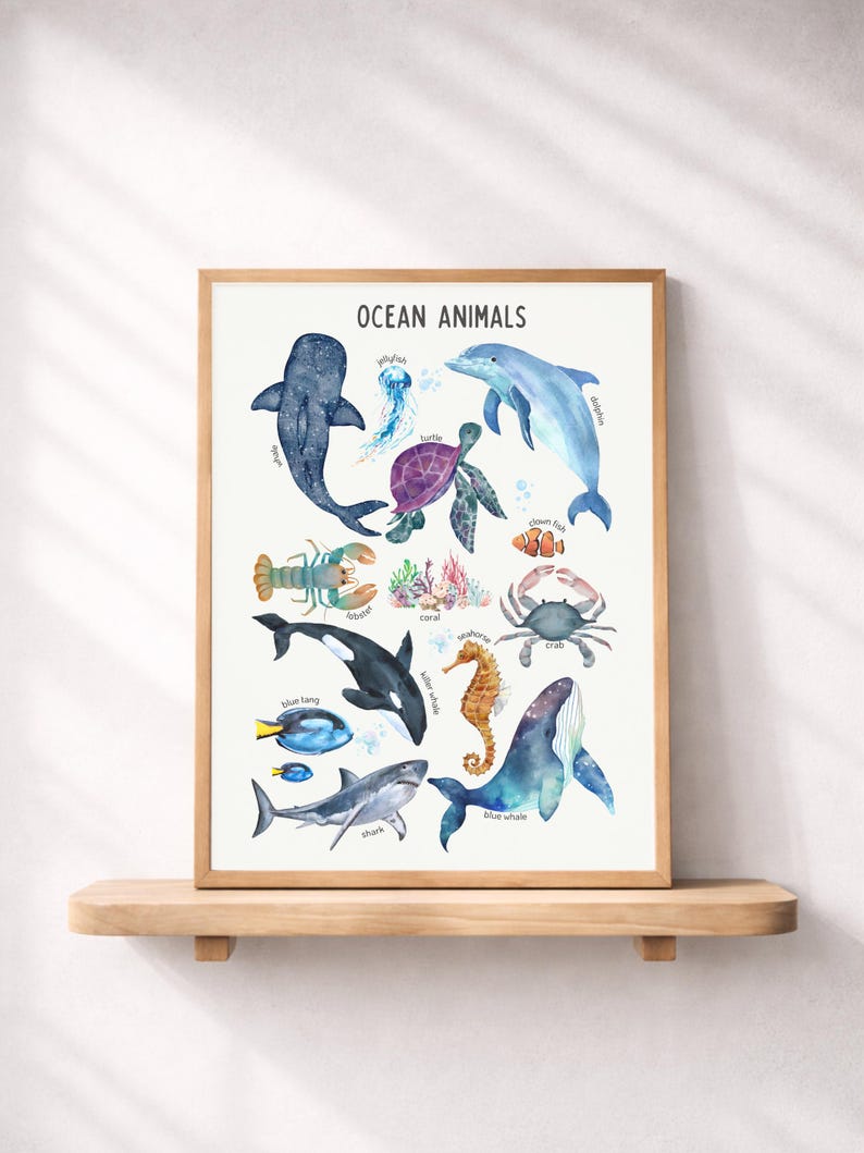Watercolor Ocean Animals Printable, Sea Life Poster for Nursery ...