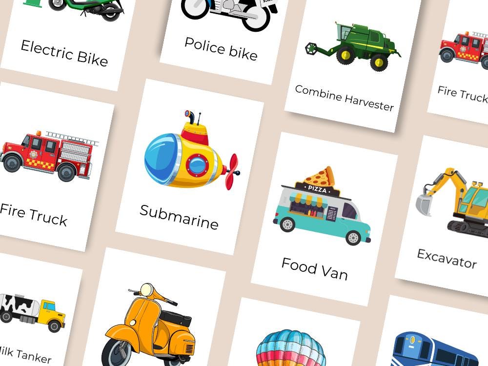 Transportation Flashcards Printable, Vehicle Cards for Kids, Cars ...