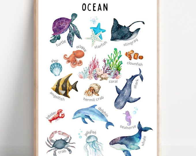 Ocean Animals Print | Printable Sea Creatures Poster for Kids Room ...