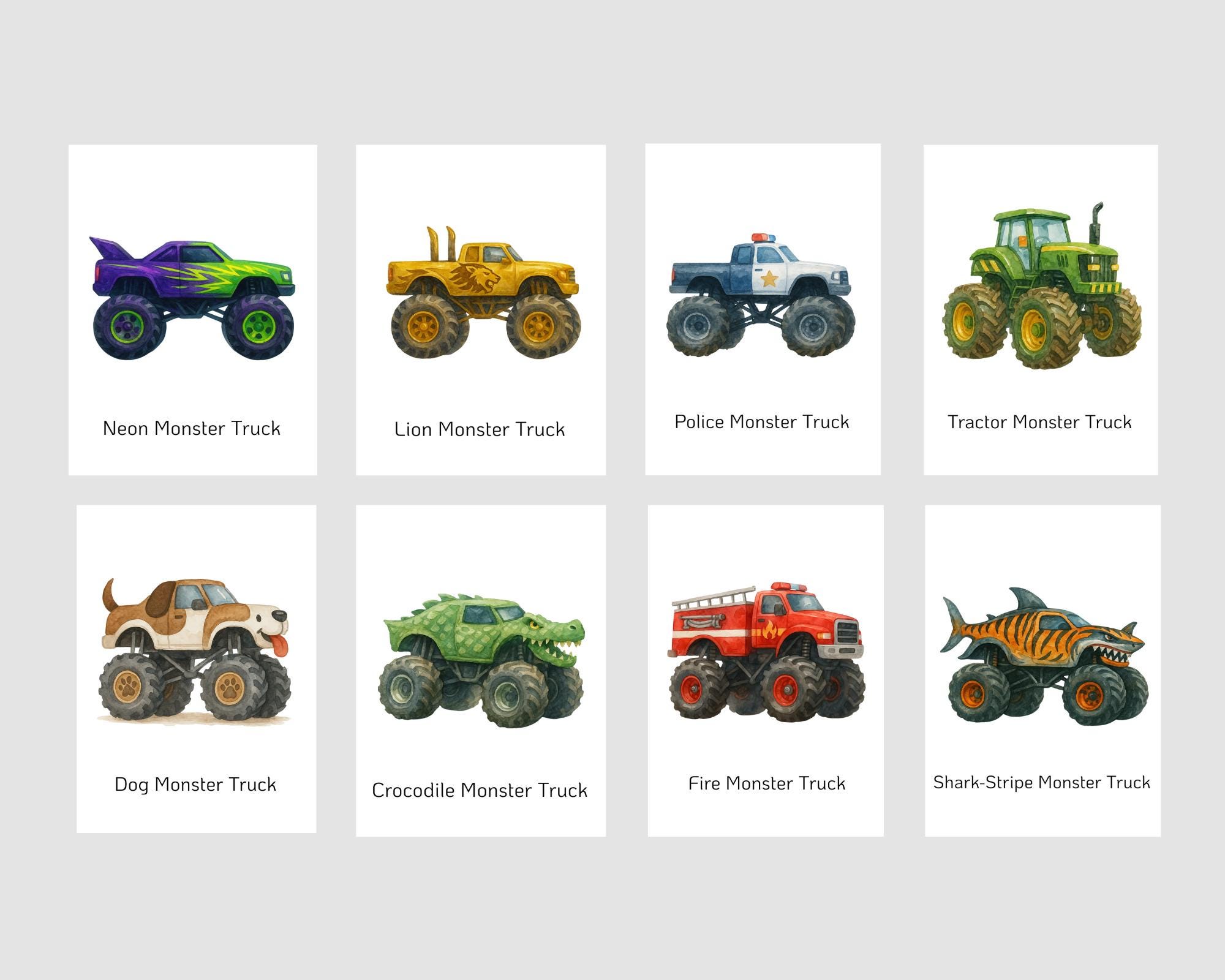 Monster Truck Flashcards Printable for Kids, Watercolor Trucks Learning ...