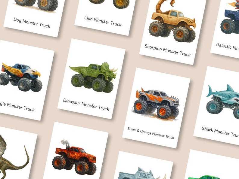 Monster Truck Flashcards Printable for Kids, Watercolor Trucks Learning ...