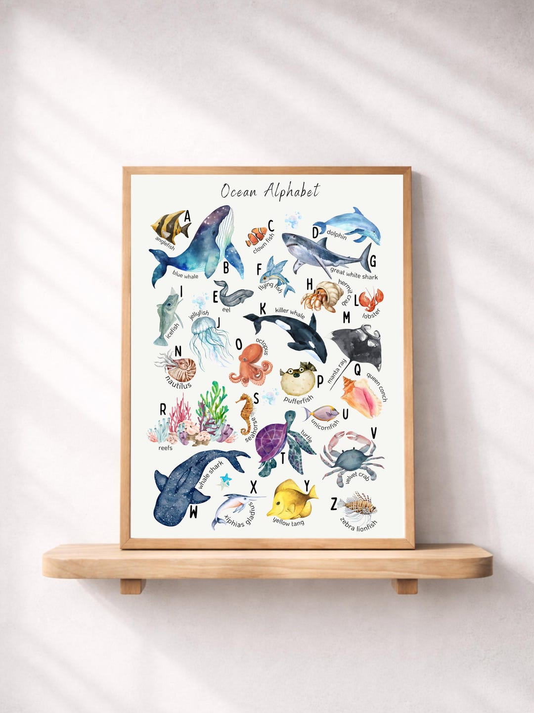 Ocean Alphabet Poster | Watercolor Sea Animal ABC Print | Educational ...