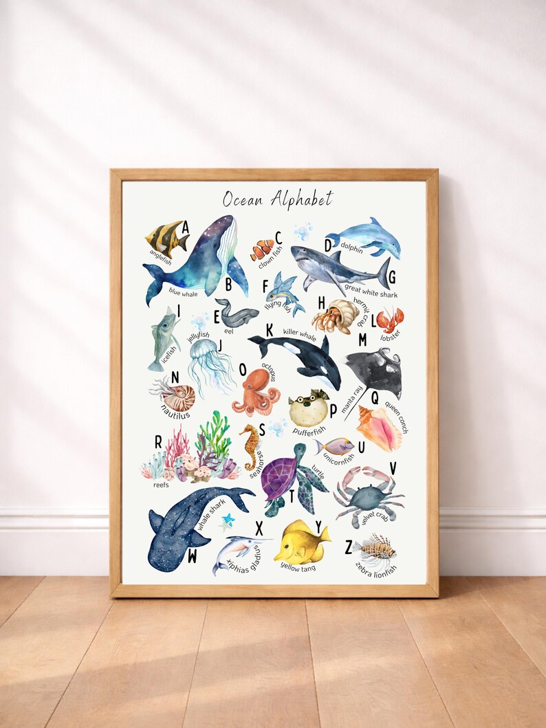 Ocean Alphabet Poster | Watercolor Sea Animal ABC Print | Educational ...