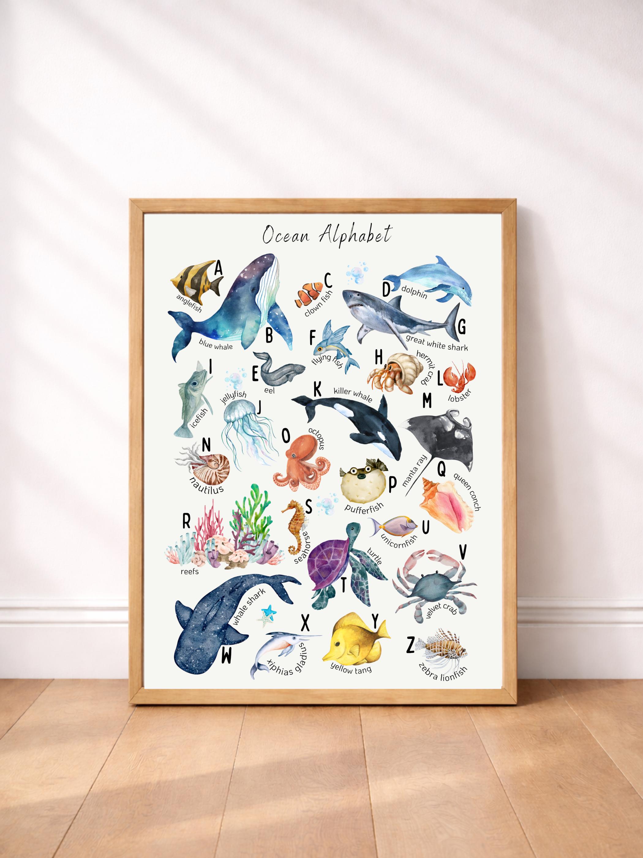 Ocean Alphabet Poster | Watercolor Sea Animal ABC Print | Educational ...
