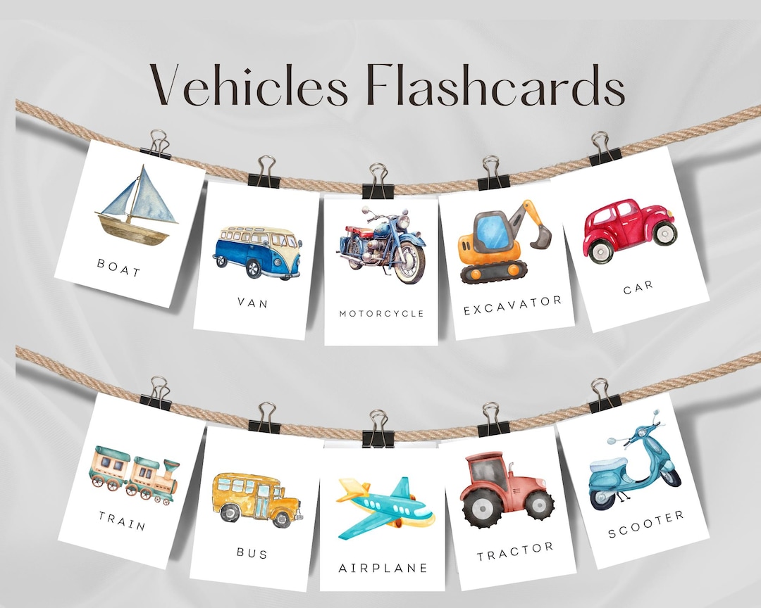 Vehicles Flashcards | Printable Watercolor Transport Learning Cards ...