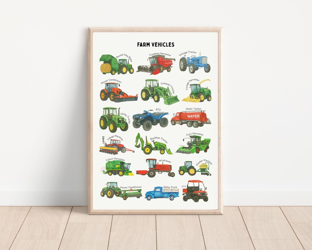 Farm Vehicles Poster for Kids | Tractor & Farm Equipment Wall Art ...