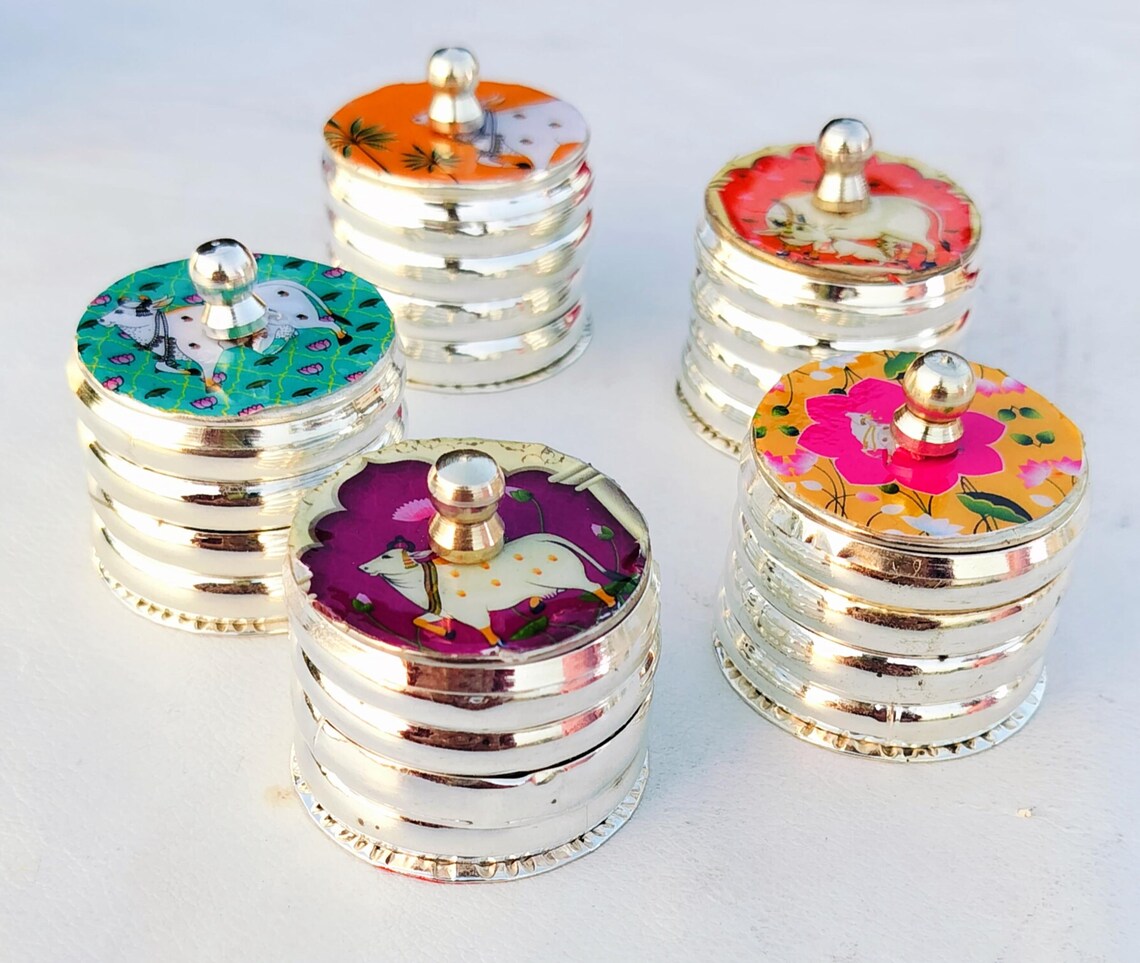 Handcrafted German Silver Haldi Kumkum Dibbi: Enamel Pichwai Design for ...
