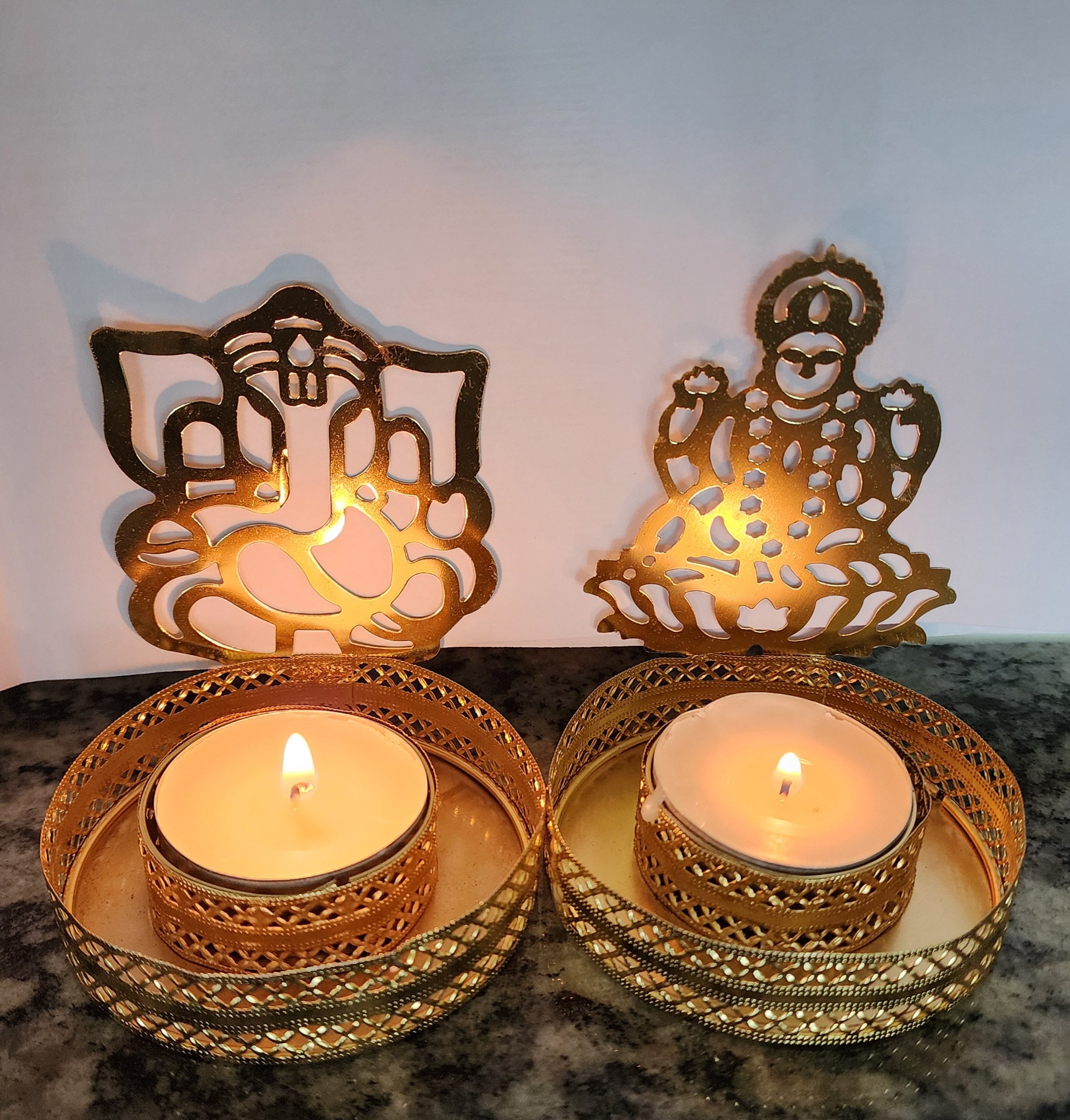 Gold Metal Shadow Diya Set: Ganesh Lakshmi Indian Candle Holders ...