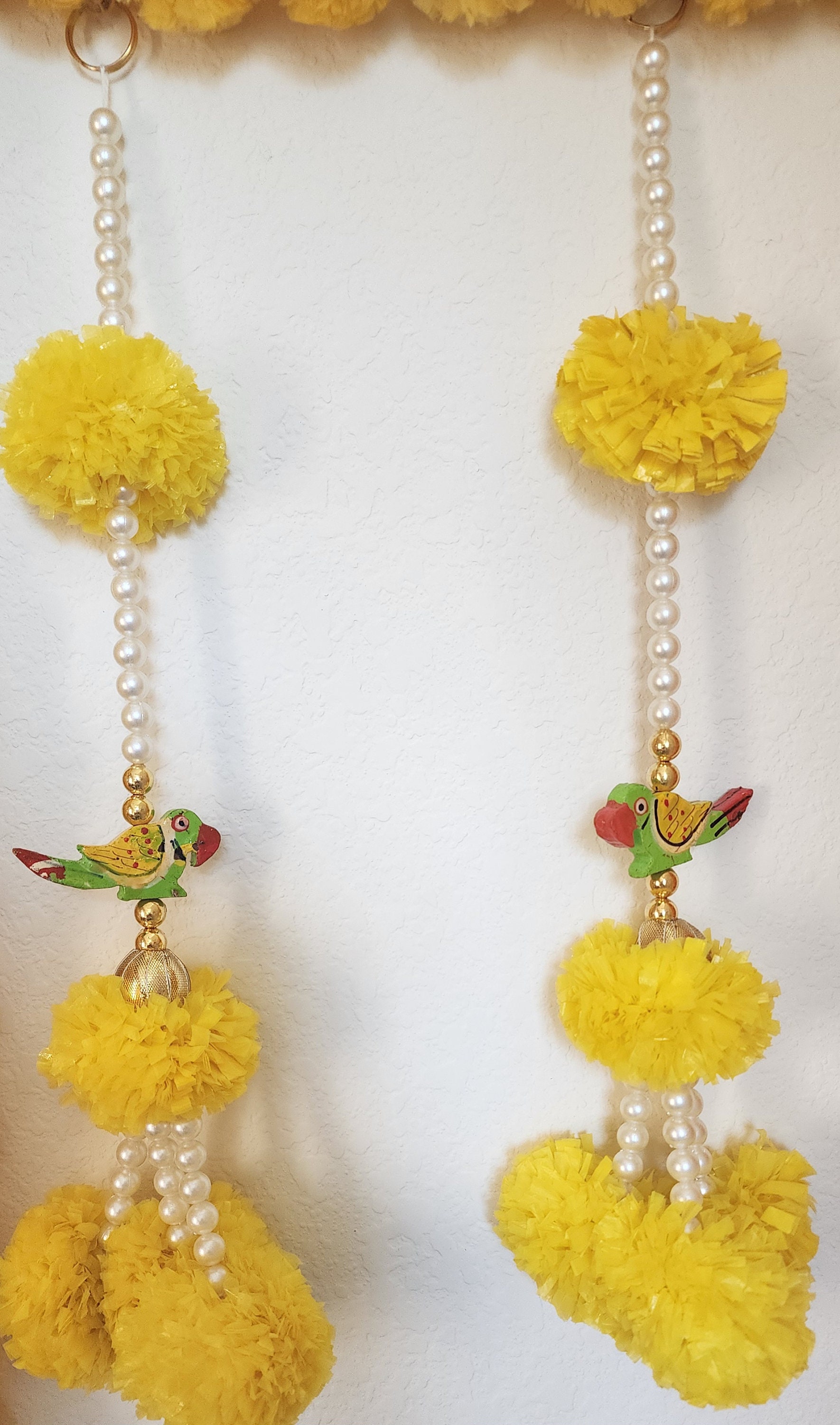 Yellow Marigold Flower & Parrot Tota String Wall Hanging for Decoration ...