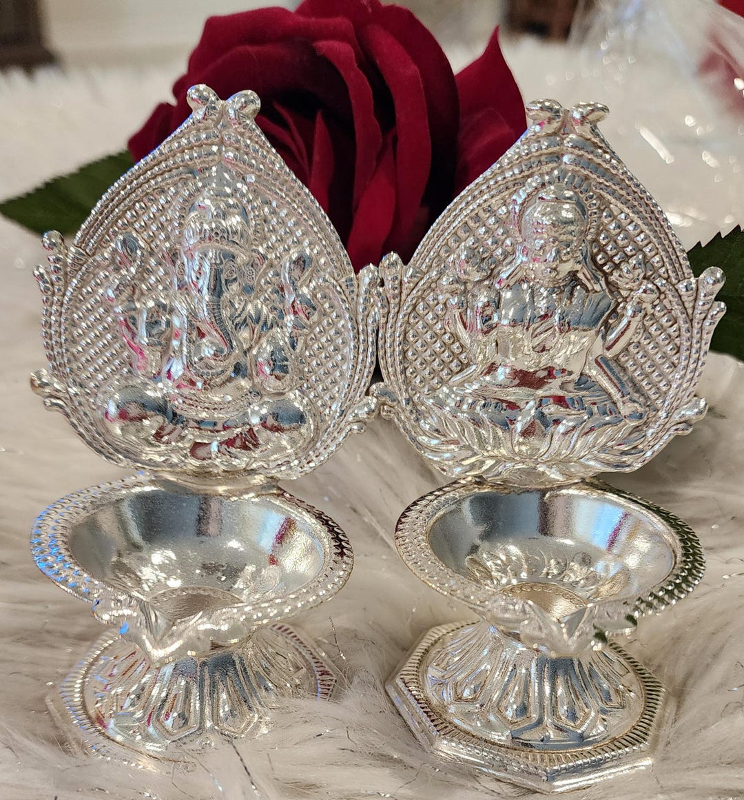 4" German Silver Ganesha Diya Set Handmade /return Gifts/ Pooja Items ...