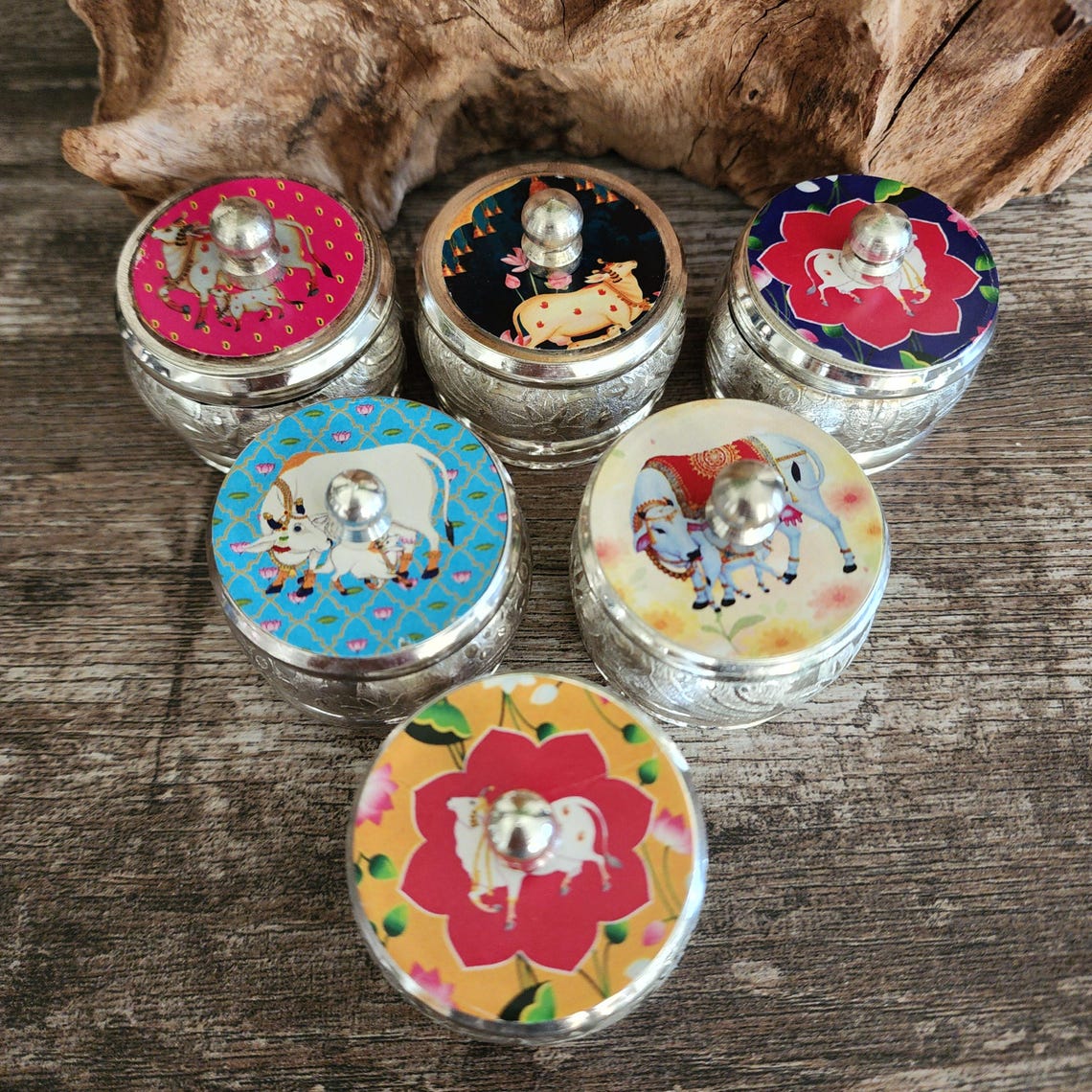 German Silver Enamel Haldi Kumkum Dibbi: Pichwai Wedding Favor Set - Etsy