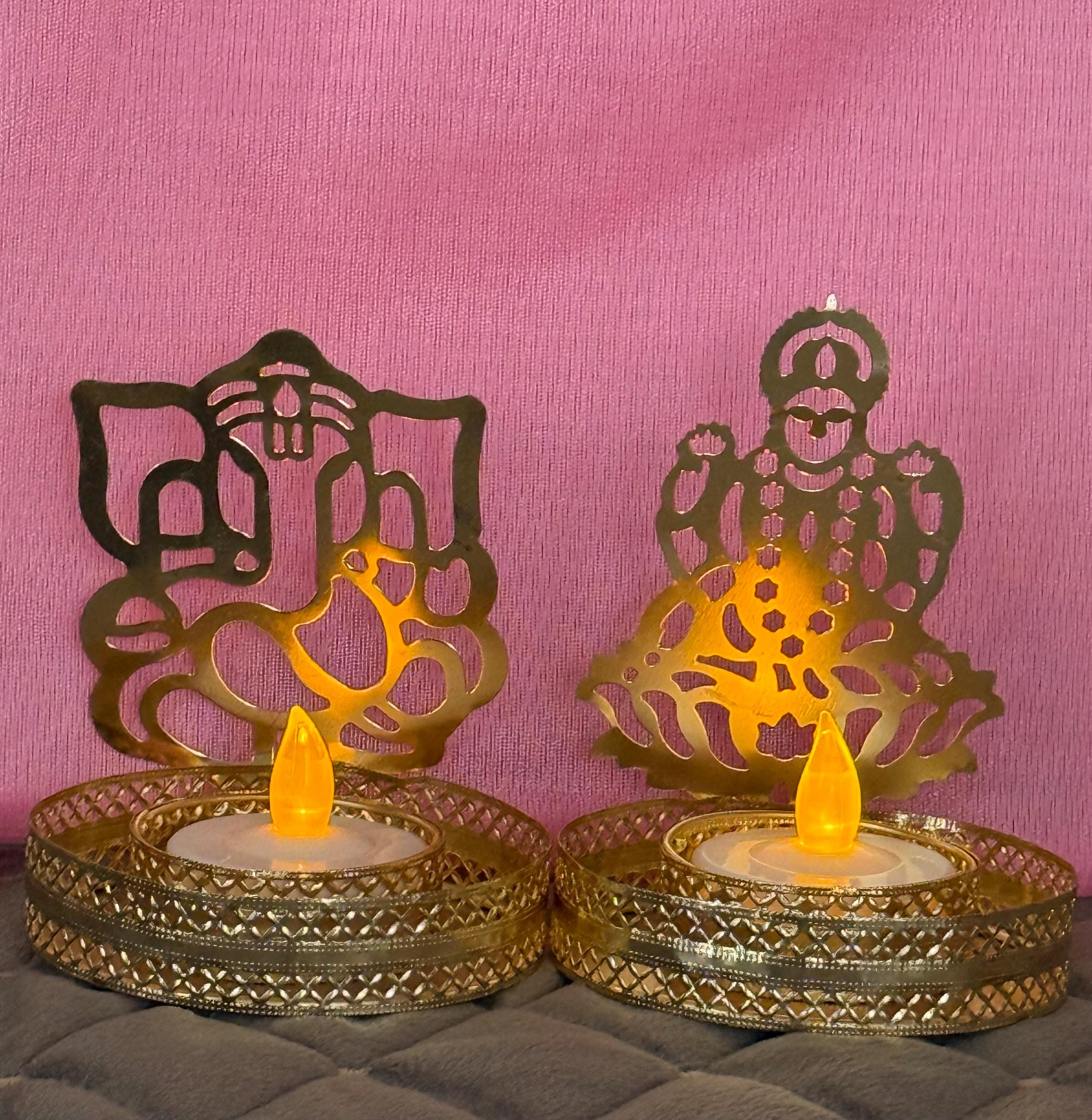 Gold Metal Shadow Diya Set: Ganesh Lakshmi Indian Candle Holders ...