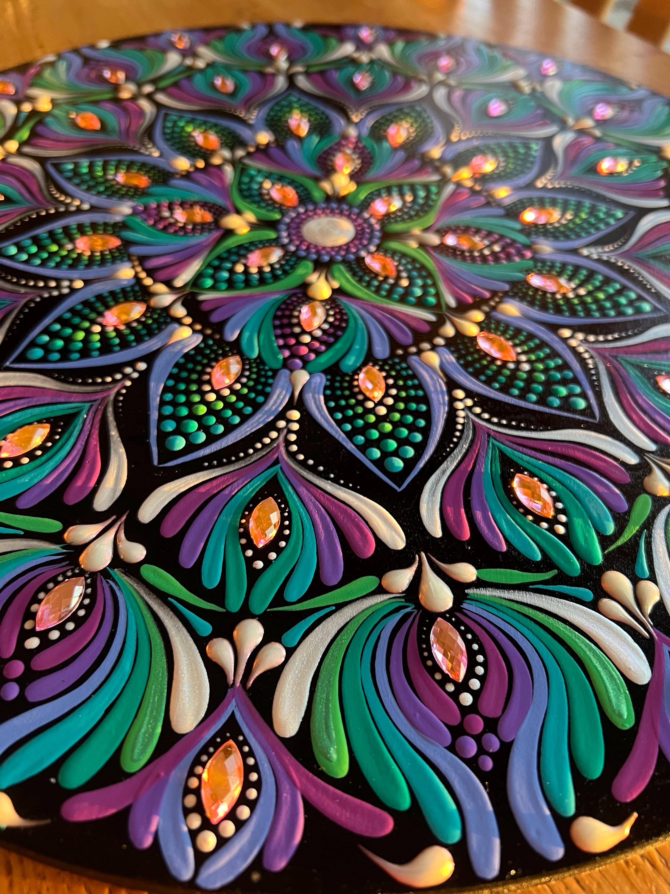 16 Inch Beautiful Vibrant Wood Mandala Painted in Greens, Blues and ...
