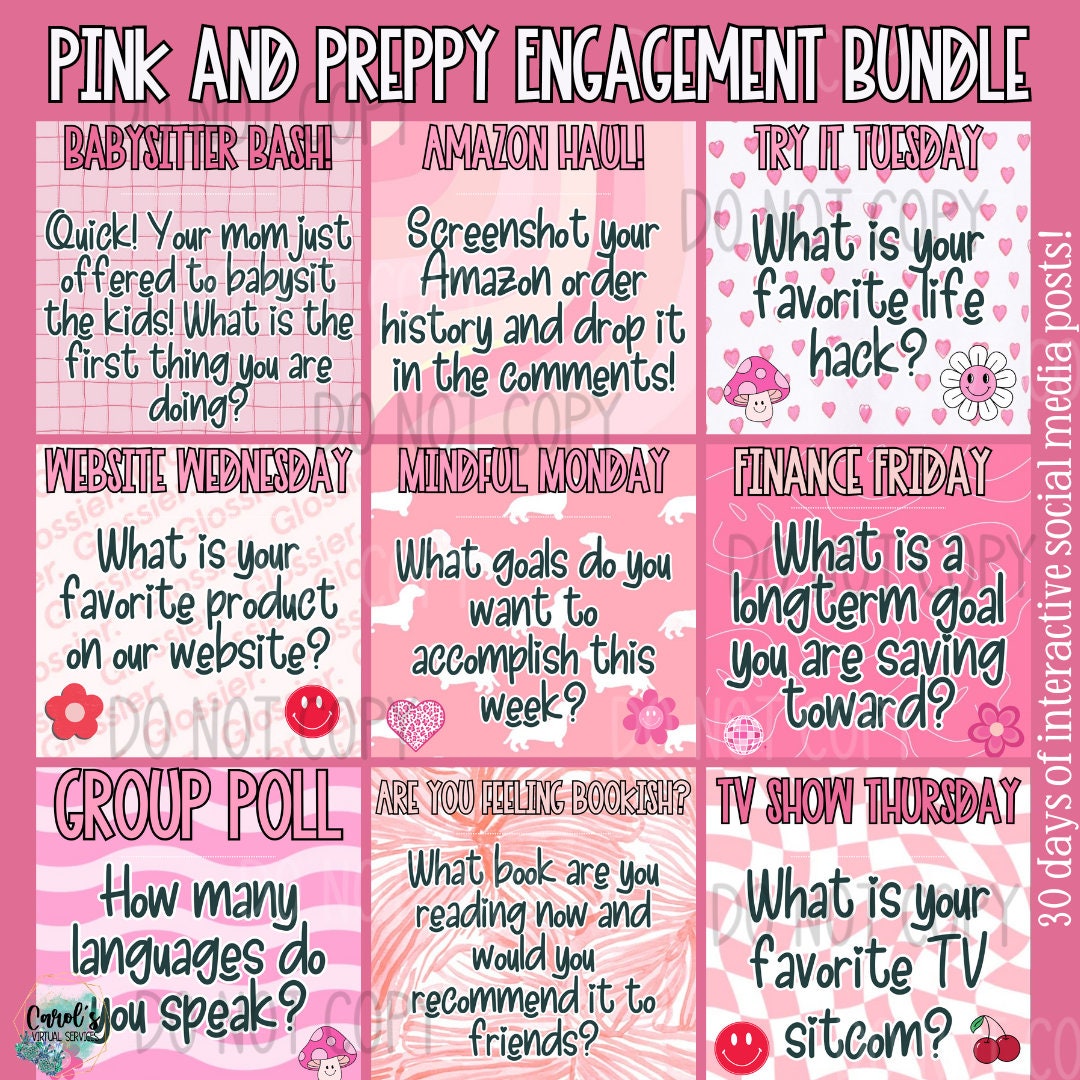 Pink and Preppy Engagement Bundle | 30 Day Social Media Engagement ...