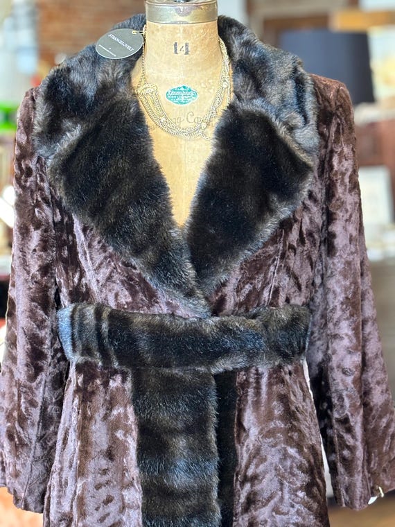 1960s dark chocolate brown dot and flare faux fur coat - Gem