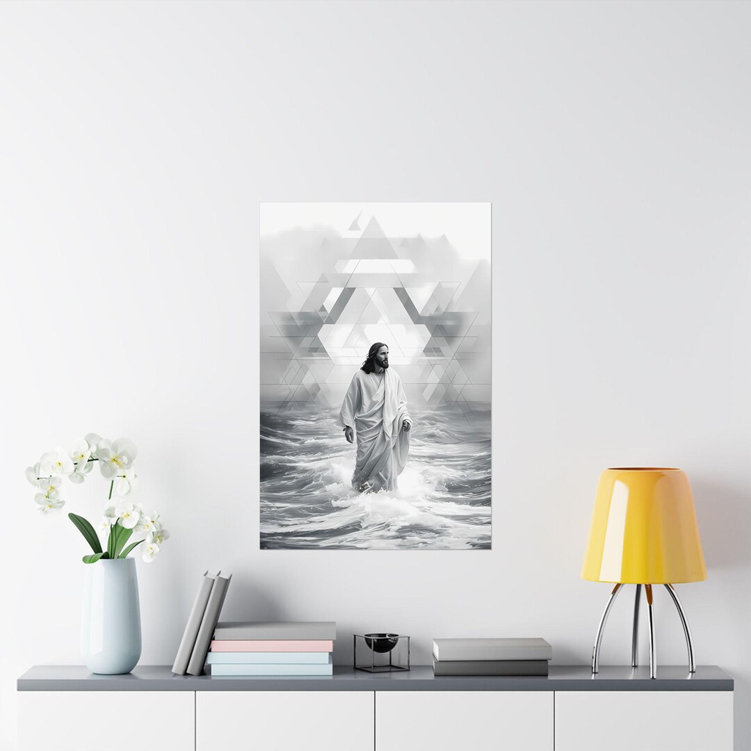 Inspirational Jesus Walking on Water Print Stunning Grey Scale Wall Art ...