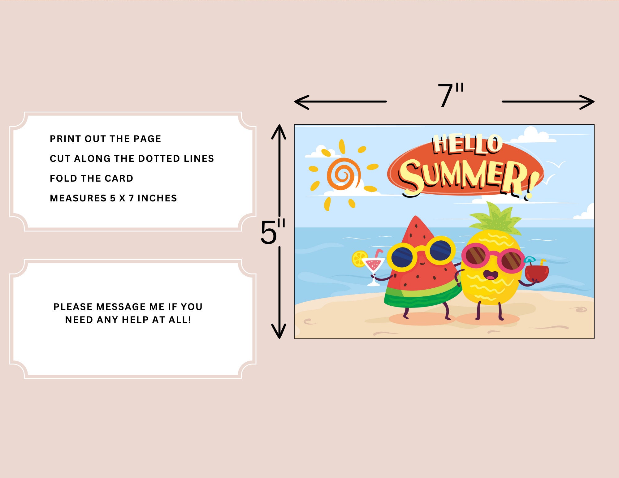 Hello Summer Card, Printable Summer Card 5 X 7 Cards, Digital Download ...