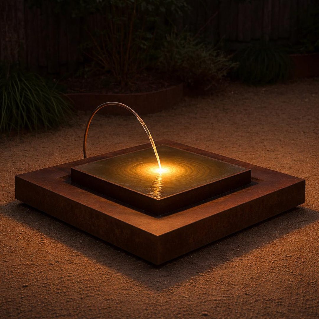 Modern Water Feature Fountain – Corten Steel Look Finish With LED ...