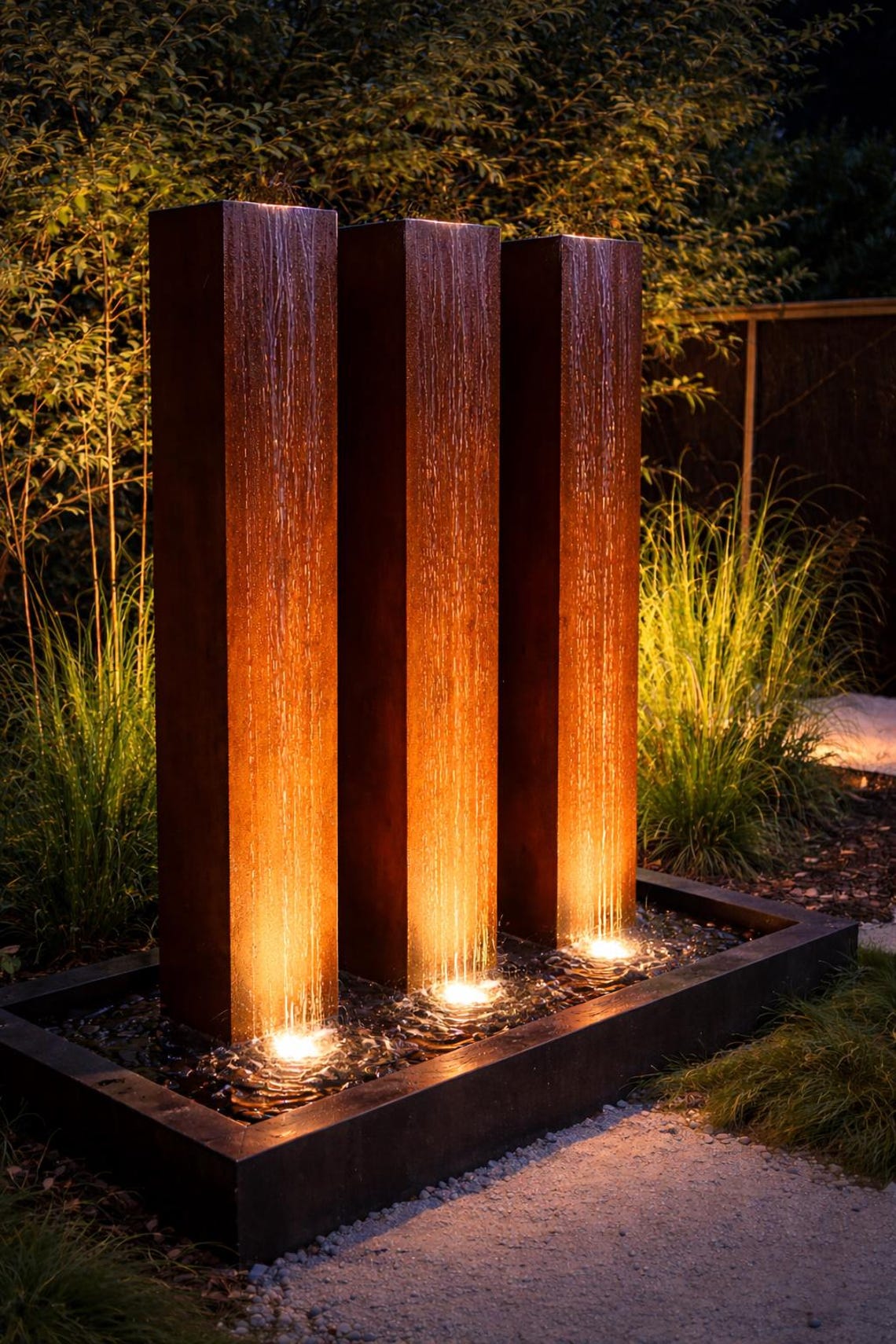 Modern Steel Water Fountain With LED Lighting – 3-blocks Outdoor Water ...