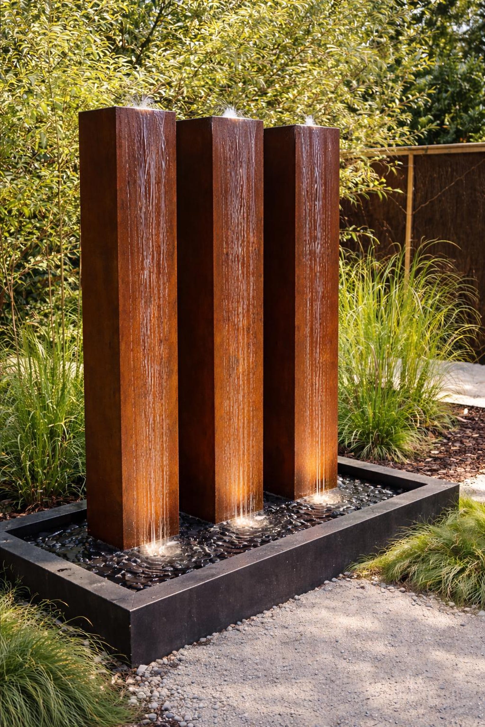 Modern Steel Water Fountain With LED Lighting – 3-blocks Outdoor Water ...