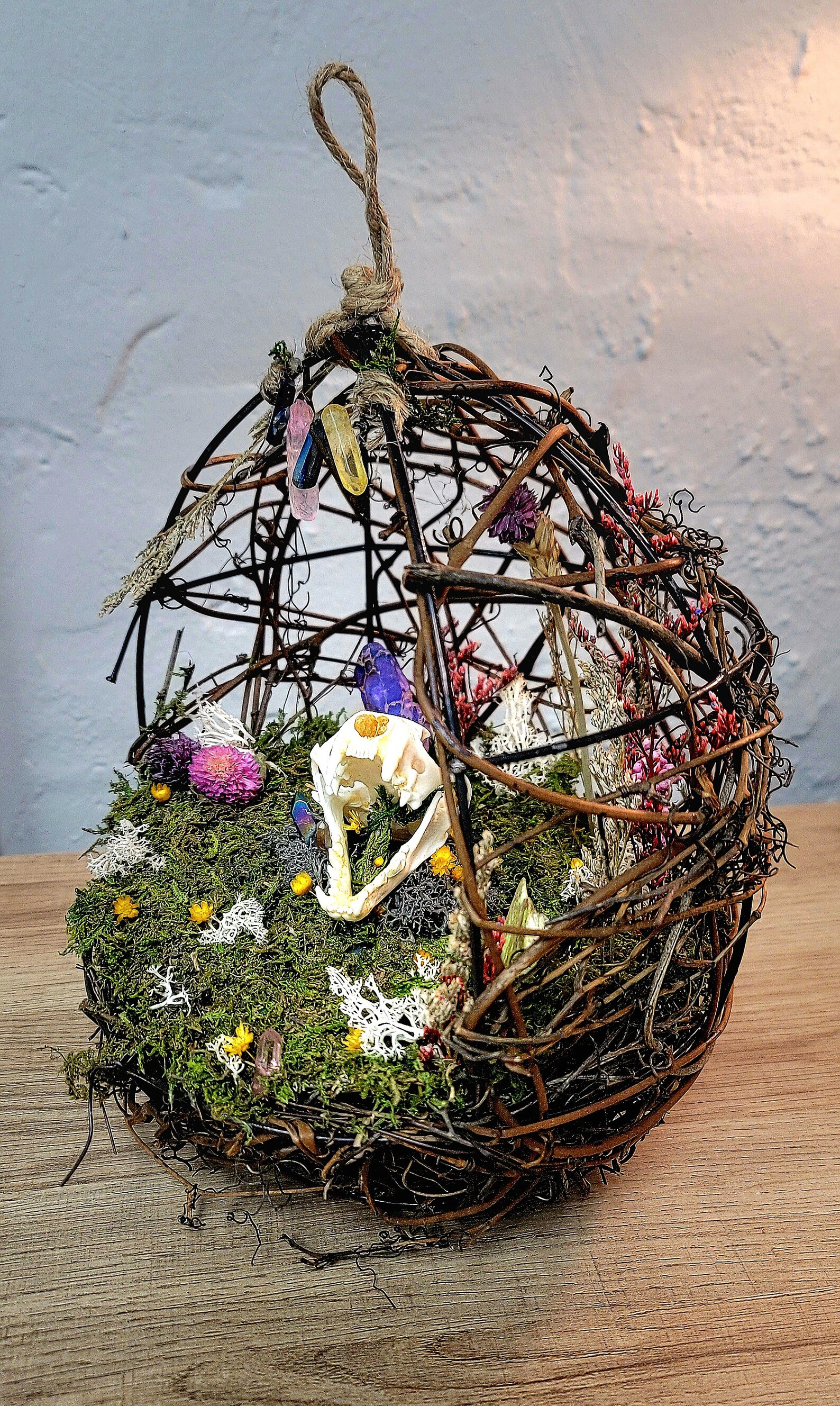 Whimsical Wonder Floral Bone Art Hanging Basket, Mink Skull, Home Decor ...