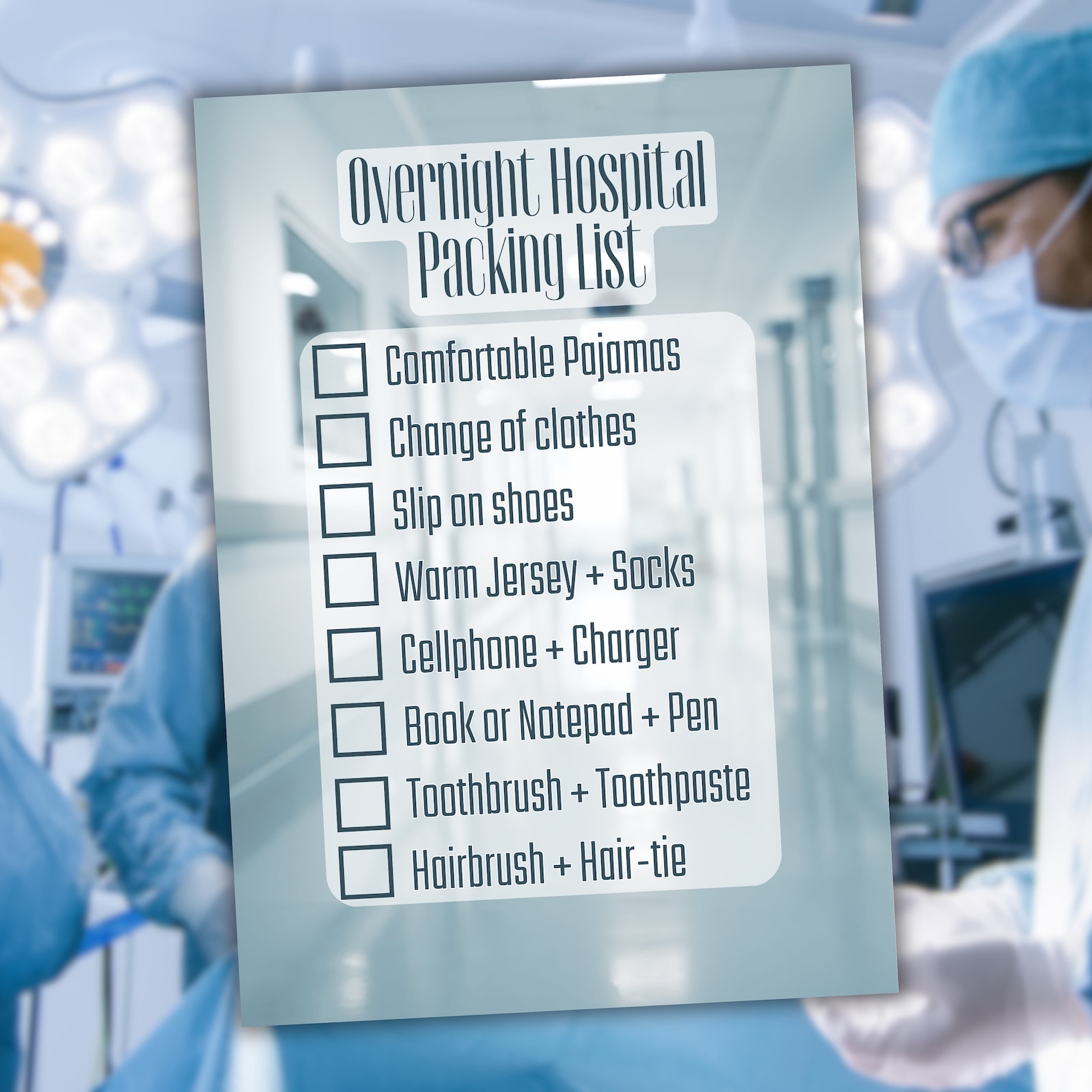 Overnight Hospital Bag Checklist, Hospital Belongings List, Editable ...