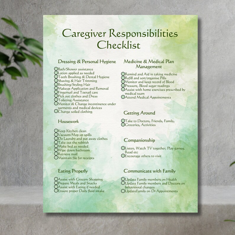 Editable Caregiver Checklist, Caregiver Daily Task Check List ...