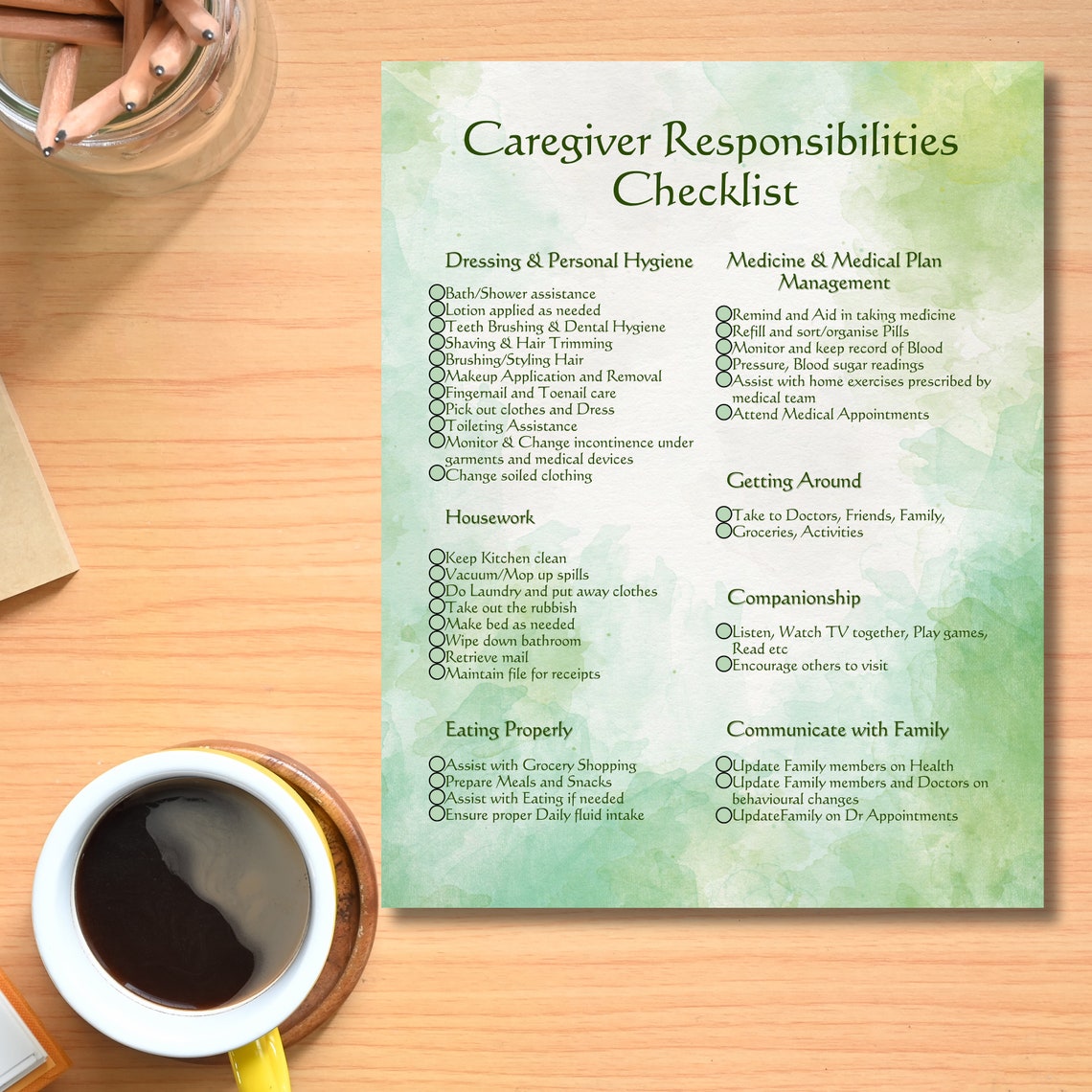 Caregiver Checklist, Caregiver Daily Task Check List, Alzheimers ...