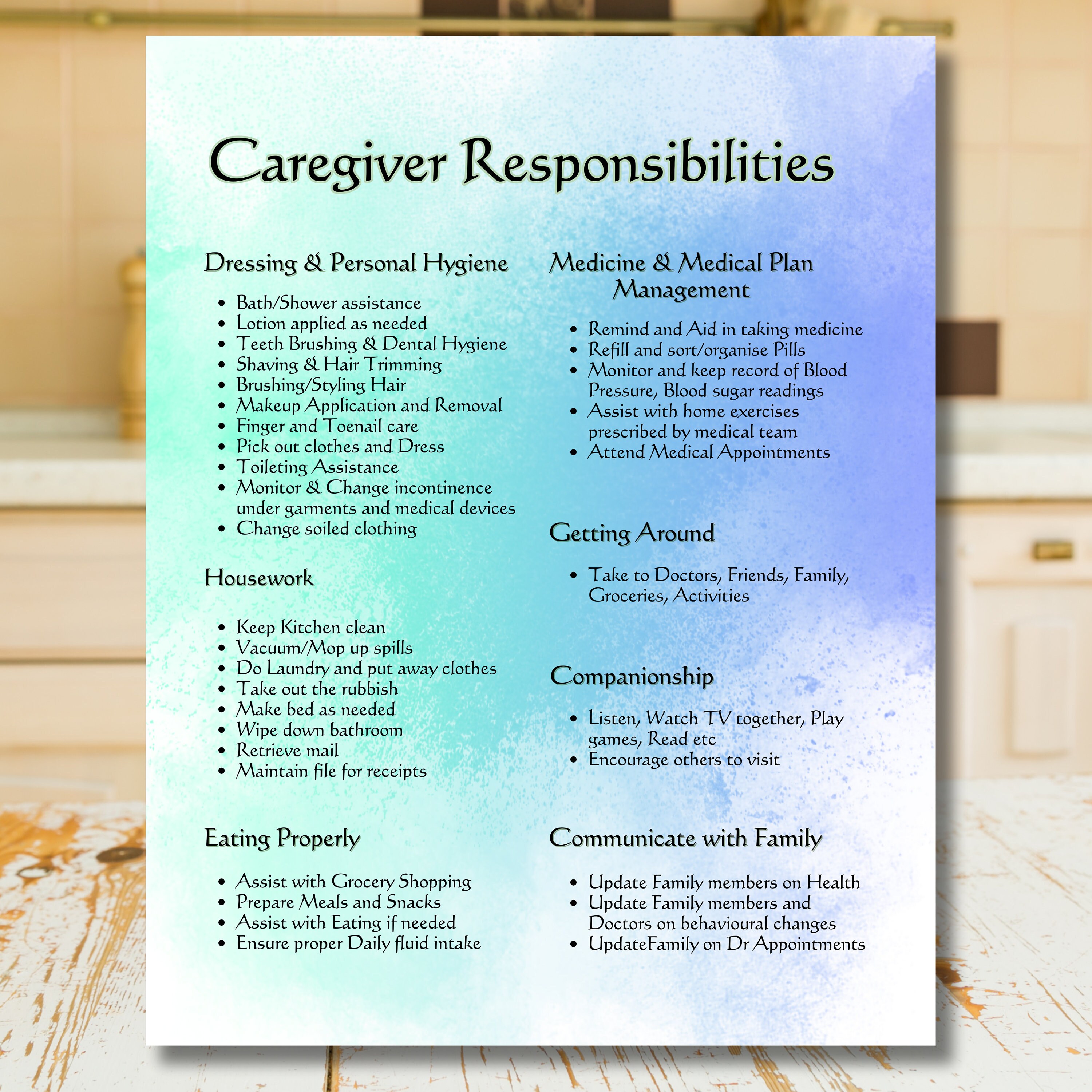 Editable Caregiver Checklist, Caregiver Daily Task Check List ...