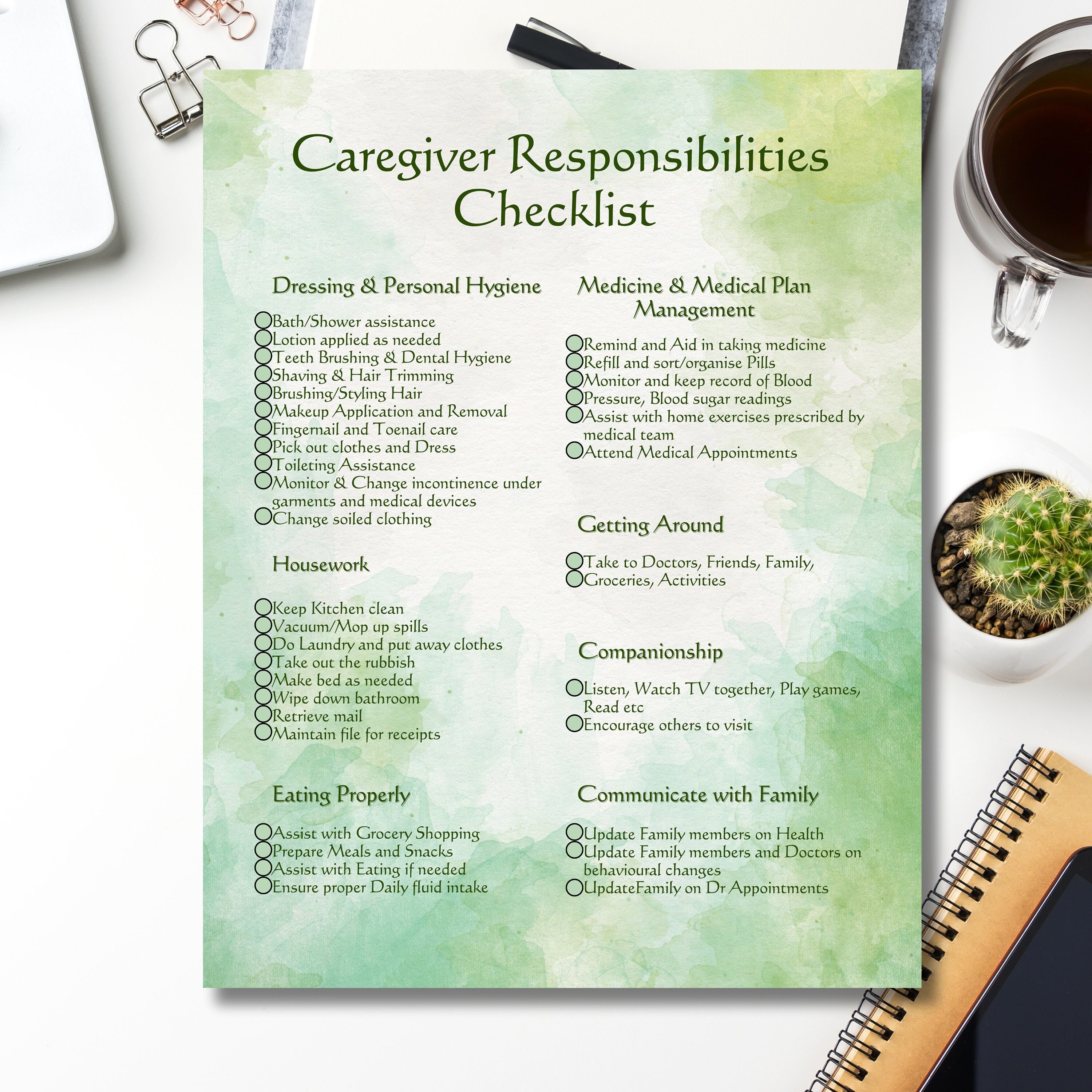Caregiver Checklist, Caregiver Daily Task Check List, Alzheimers ...