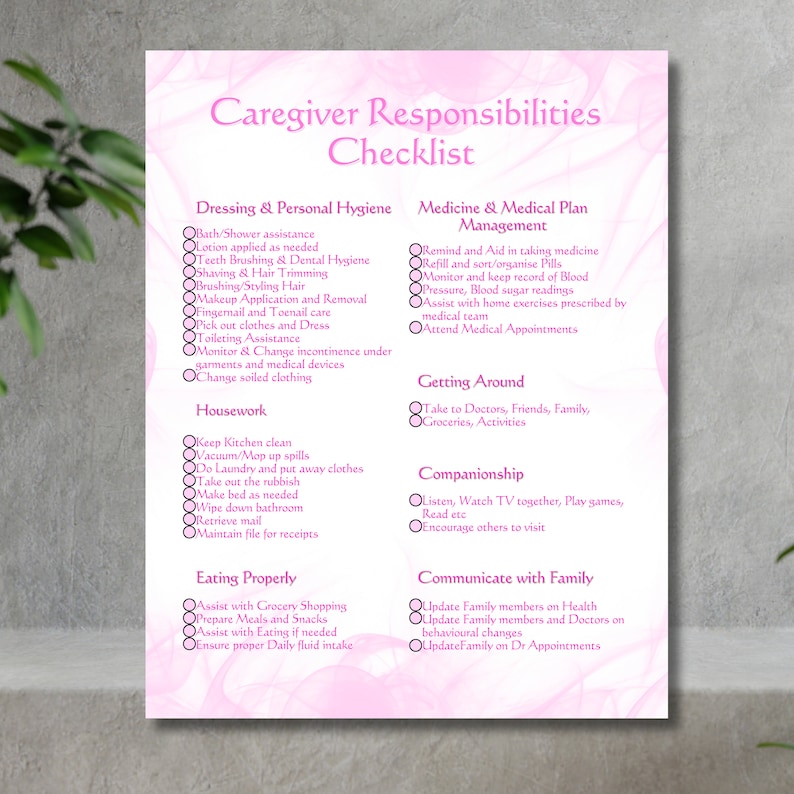 Editable Caregiver Checklist, Caregiver Daily Task Check List ...