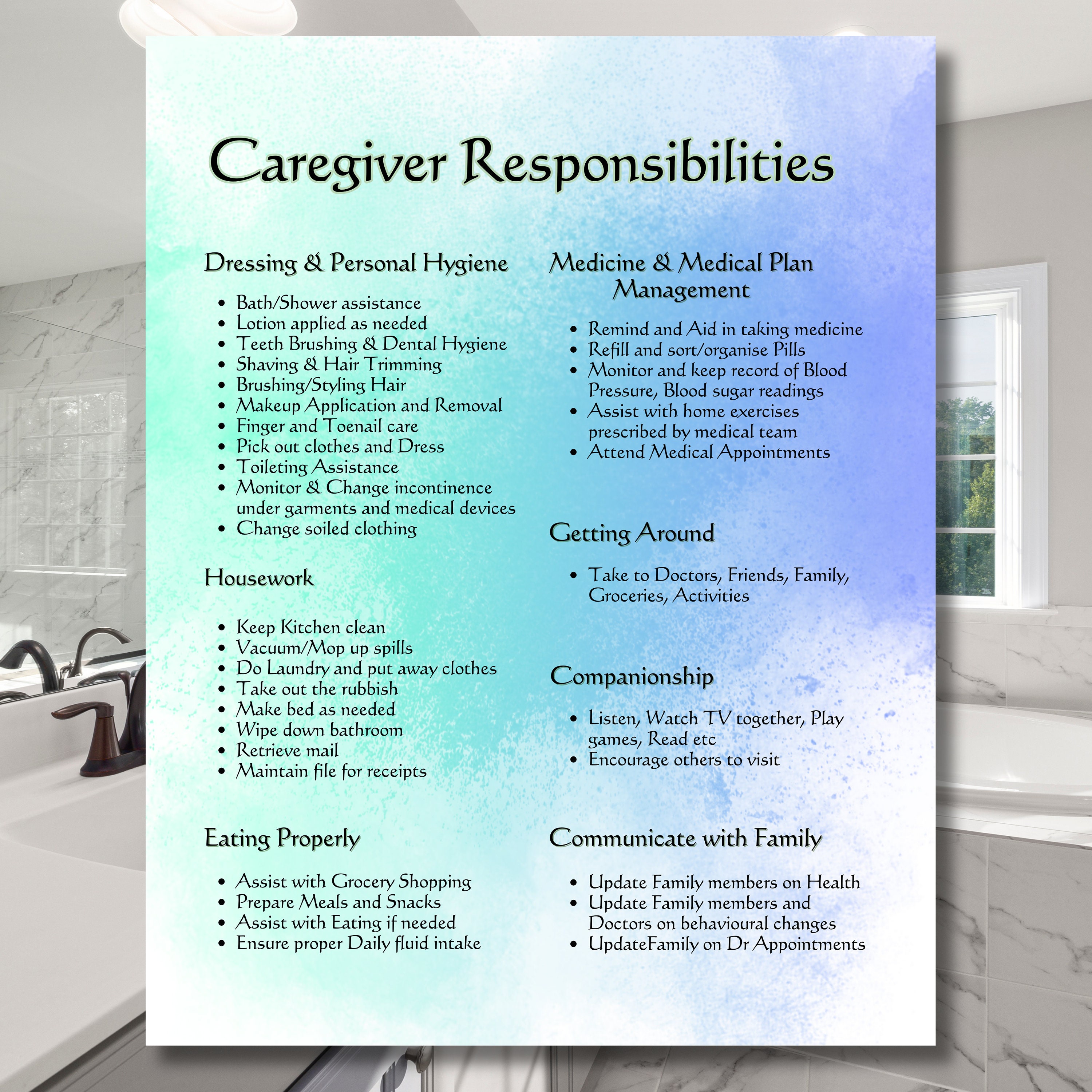 Editable Caregiver Checklist, Caregiver Daily Task Check List ...