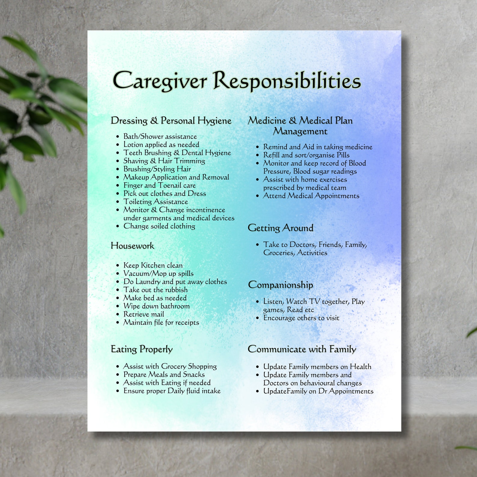 Editable Caregiver Checklist, Caregiver Daily Task Check List ...