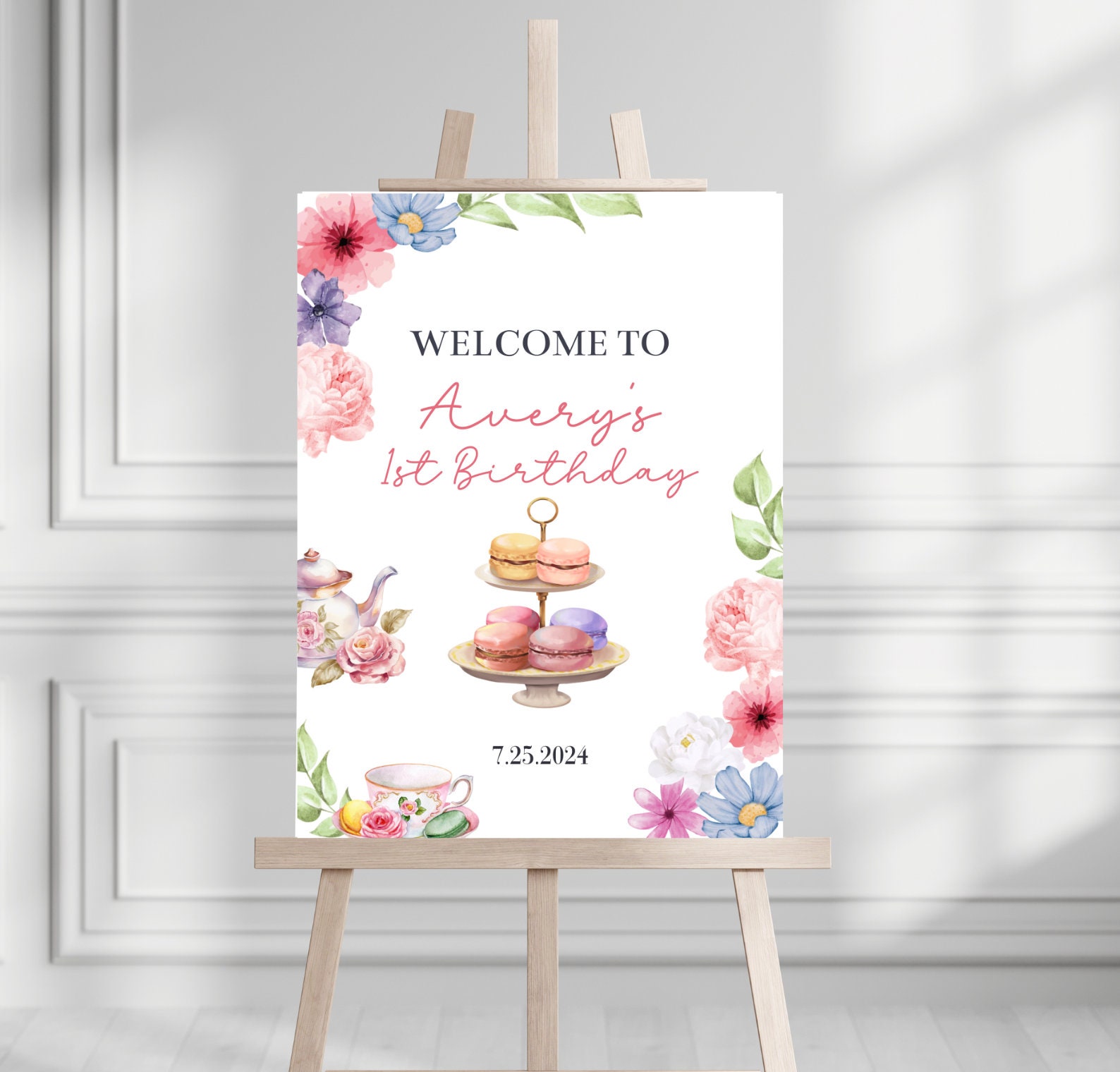 Editable First Birthday Tea Party Welcome English Teapots, Cups ...