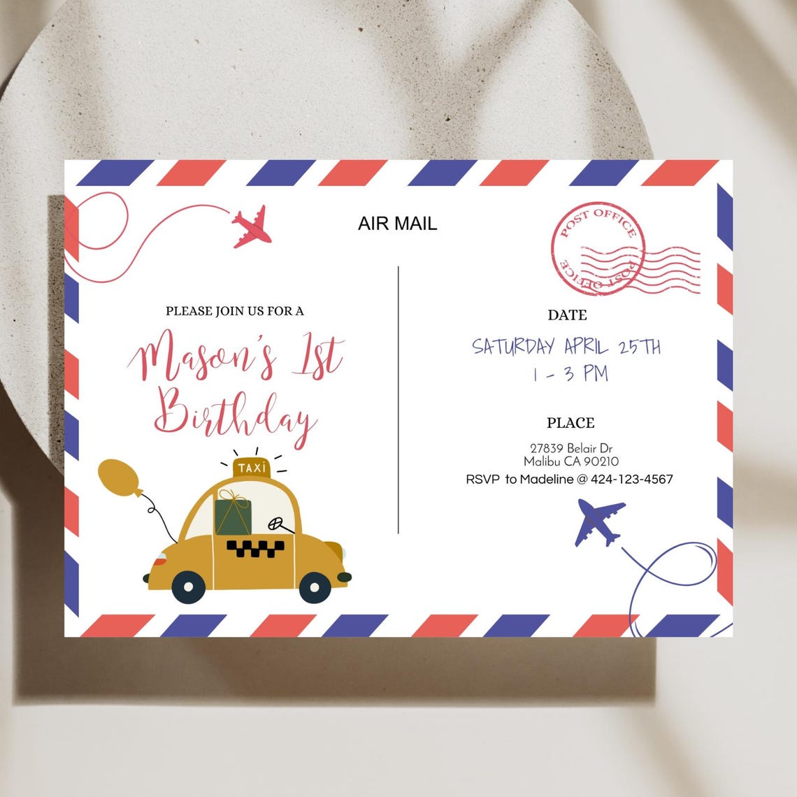 Editable Postcard Birthday Invitation - Air Mail & International Travel ...