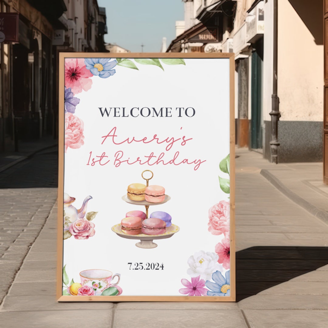 Editable First Birthday Tea Party Welcome English Teapots, Cups ...