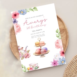 Editable First Birthday Tea Party Invitation: Floral Teapot Design ...