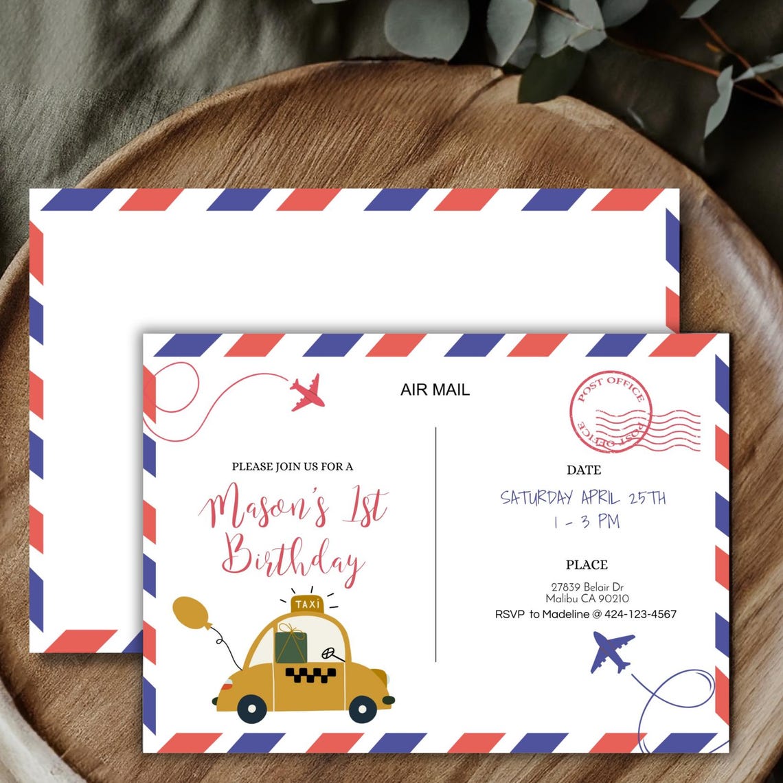 Editable Postcard Birthday Invitation - Air Mail & International Travel ...