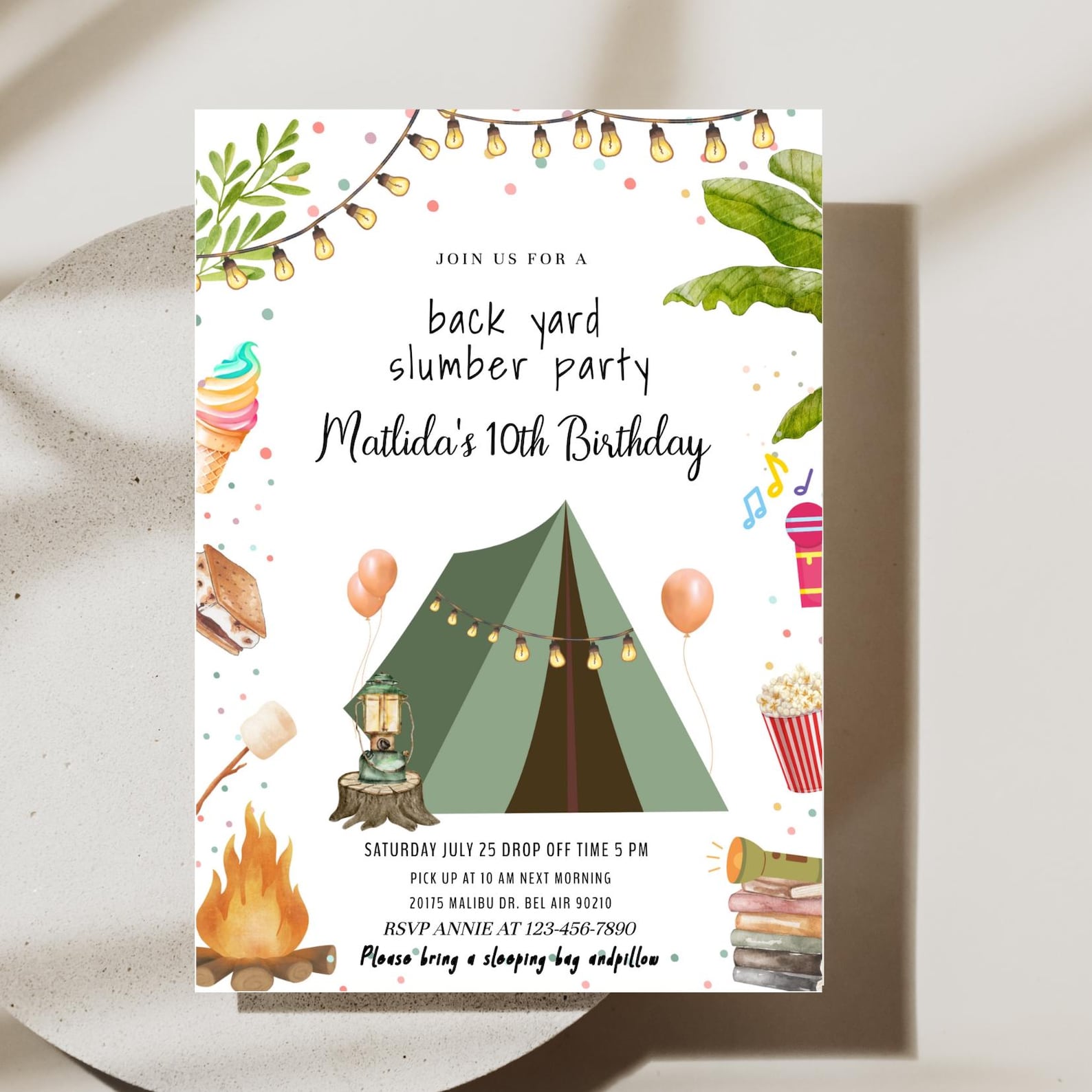 Editable Backyard Slumber Birthday Party Invitation - Camping & Bonfire ...