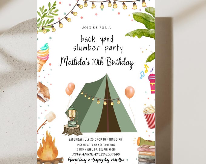 Editable Backyard Slumber Birthday Party Invitation - Camping & Bonfire Theme - DIY Printable ...