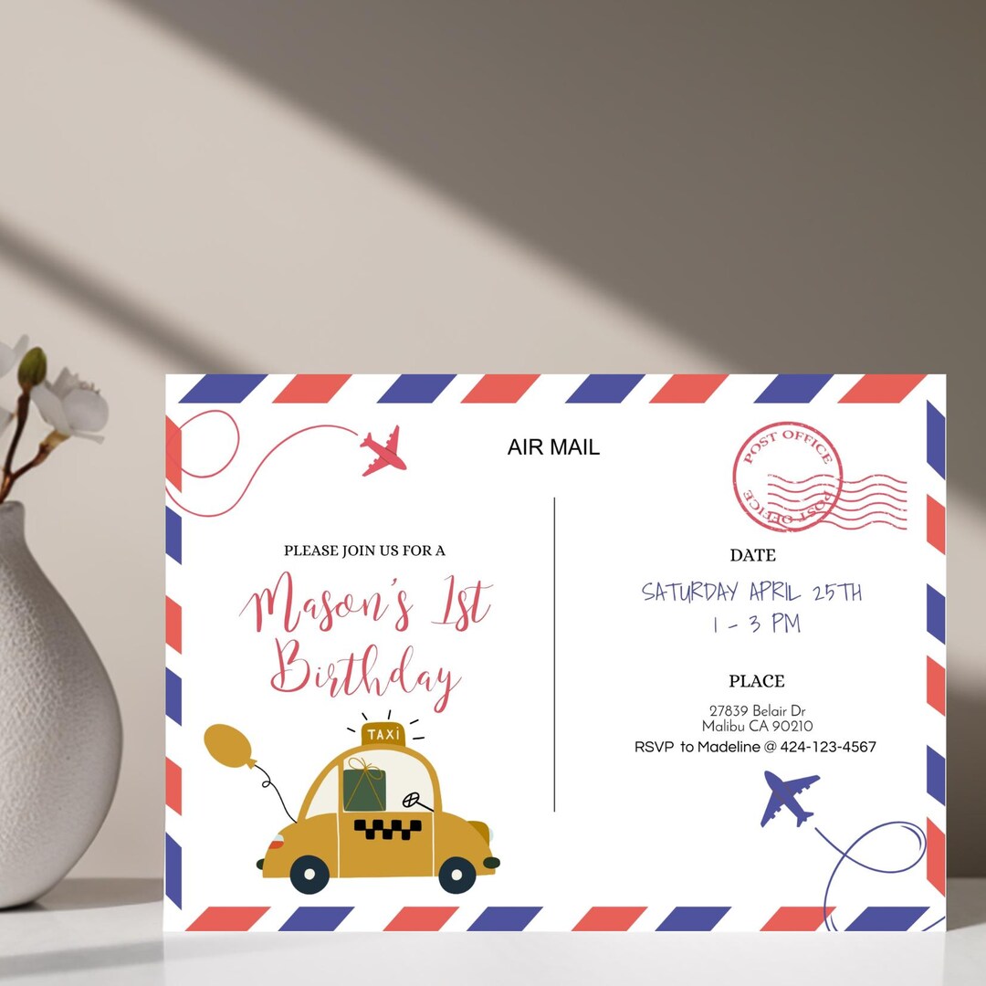 Editable Postcard Birthday Invitation - Air Mail & International Travel ...