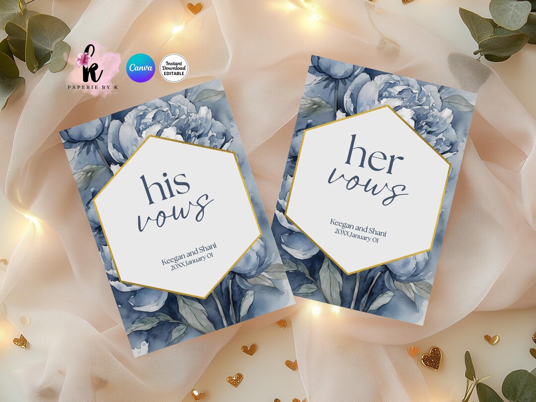 Editable Dusty Blue Wedding Vows Cards Template, Editable Wedding Vows ...