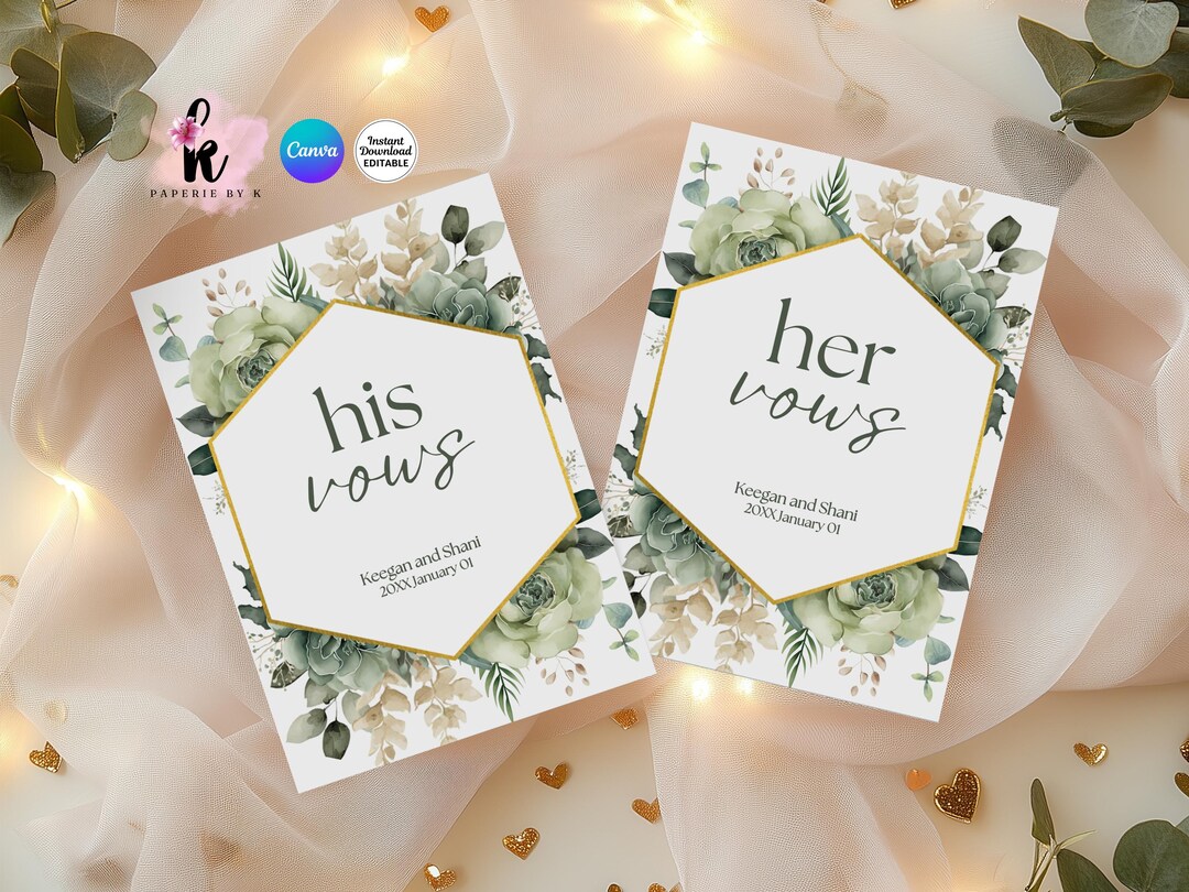 Editable Sage Green Wedding Vows Cards Template, Editable Wedding Vows ...